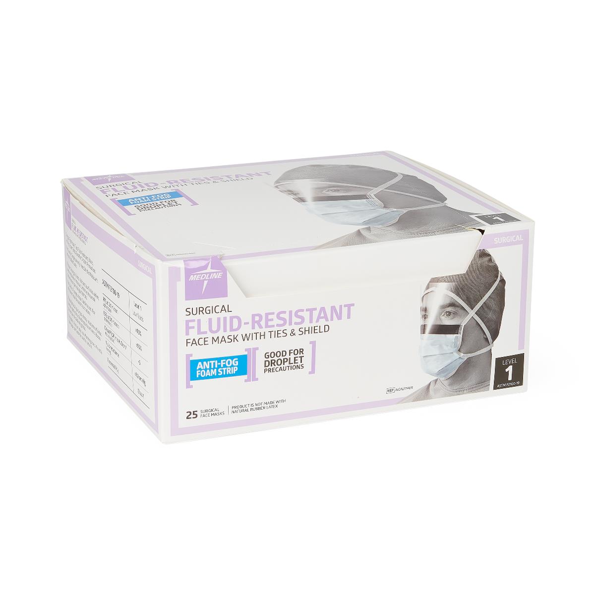 Medline ASTM L1 Surgical Mask with Anti-Fog Eye Shield with Ties | Medline